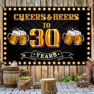 Cheers and Beers to 30 years Banner Backdrop Happy 30th Birthday Background for Men Women Photography Bday Anniversary Party Sign Decorations Supplies Black and Gold