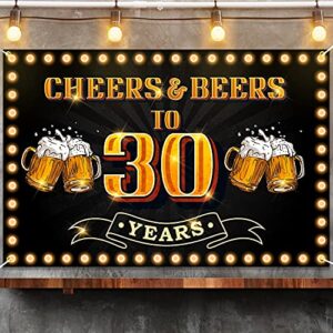 Cheers and Beers to 30 years Banner Backdrop Happy 30th Birthday Background for Men Women Photography Bday Anniversary Party Sign Decorations Supplies Black and Gold