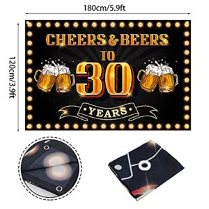 Cheers and Beers to 30 years Banner Backdrop Happy 30th Birthday Background for Men Women Photography Bday Anniversary Party Sign Decorations Supplies Black and Gold