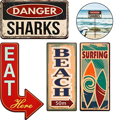 8 Pieces Beach Themed Party Decoration Beach Sign Cutouts Summer Theme Sign Retro Beach Signs for Adults Boys Girls Birthday Party, Ocean Shark Theme Party Supplies