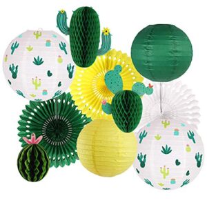 cactus party decorations, hawaiian party supplies tropical cactus hanging paper lanterns cactus honeycomb tissue paper fans for llama birthday summer party home decoration (green)