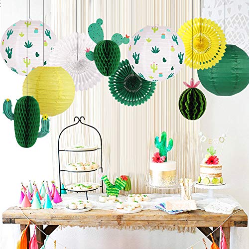 Cactus Party Decorations, Hawaiian Party Supplies Tropical Cactus Hanging Paper Lanterns Cactus Honeycomb Tissue Paper Fans for Llama Birthday Summer Party Home Decoration (Green)