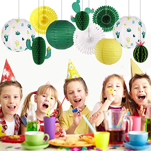 Cactus Party Decorations, Hawaiian Party Supplies Tropical Cactus Hanging Paper Lanterns Cactus Honeycomb Tissue Paper Fans for Llama Birthday Summer Party Home Decoration (Green)