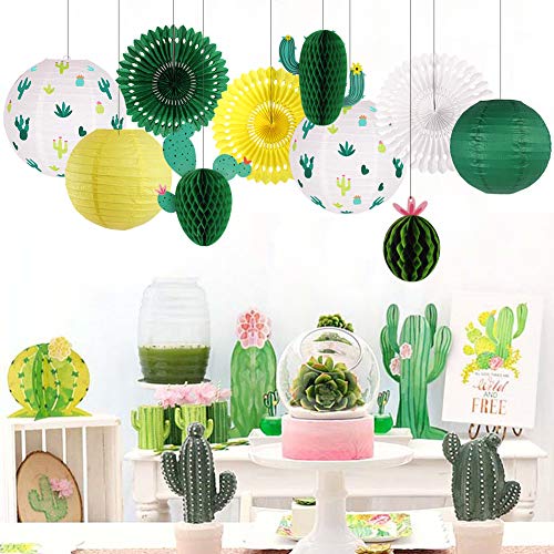 Cactus Party Decorations, Hawaiian Party Supplies Tropical Cactus Hanging Paper Lanterns Cactus Honeycomb Tissue Paper Fans for Llama Birthday Summer Party Home Decoration (Green)