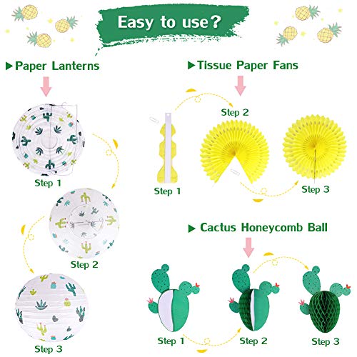 Cactus Party Decorations, Hawaiian Party Supplies Tropical Cactus Hanging Paper Lanterns Cactus Honeycomb Tissue Paper Fans for Llama Birthday Summer Party Home Decoration (Green)