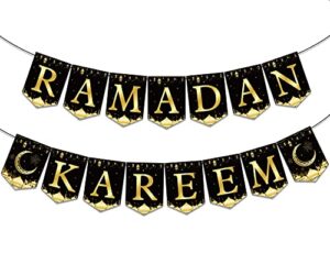 ramadan mubarak banner party decorations black gold moon lantern hanging bunting ramadan kareem hanging banner party supply for home wall window door fireplace mantle ramadan eid party favor