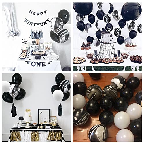 Mayen 50 Pcs 12 Inches Black and White Balloons Set, Black Agate Marble Balloons, Tie Dye Swirl Balloons, Birthday Party Decorations, Black and White Party Supplies Balloon Garland Arch Kit