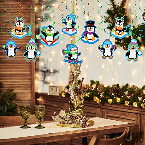 40 Pcs Penguin Hanging Swirl Decorations Penguin Theme Birthday Party Supplies Winter Hanging Ceiling Streamers Gold Blue Green Winter Wonderland New Year Baby Shower Winter Birthday Party Decorations