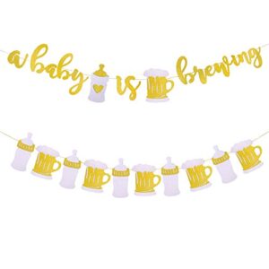 set of 2 a baby is brewing baby shower decorations banner for diaper party decor gender reveal party pregnancy celebration baby brewing sign with beer mug & baby bottle design pre-strung