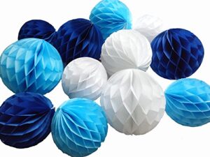 daily mall 12pcs 8inch 10 inch art diy tissue paper honeycomb balls party partners design craft hanging pom-pom ball party wedding birthday nursery decor (white blue navy blue)