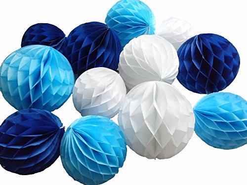 Daily Mall 12Pcs 8inch 10 inch Art DIY Tissue Paper Honeycomb Balls Party Partners Design Craft Hanging Pom-Pom Ball Party Wedding Birthday Nursery Decor (White Blue Navy Blue)