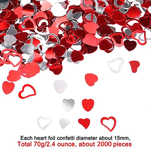 Konsait 2000PCS/15MM Metallic Foil Red Silver Heart Confetti Glitter Heart Sequin Valentine's Day Wedding Anniversary Party Home Table Decoration photo booth backdrop, Red, 2.4OZ