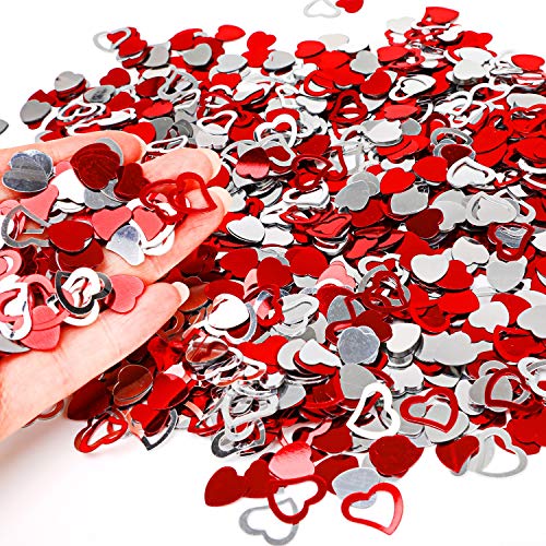 Konsait 2000PCS/15MM Metallic Foil Red Silver Heart Confetti Glitter Heart Sequin Valentine's Day Wedding Anniversary Party Home Table Decoration photo booth backdrop, Red, 2.4OZ