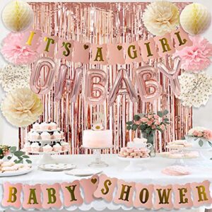 rose gold baby shower decorations for girl pink gold it’s a girl baby shower banner rose gold oh baby foil letter balloons rose gold foil fringe curtains tissue pom poms honeycomb balls by happyfield