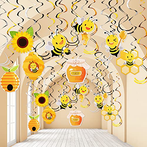 30 Pieces Bee Hanging Swirl Decorations Bee Party Hanging Swirls Foil Ceiling Streamers Honey Bee Themed Party Supplies Double-Sided for Birthday Gender Reveal Bee Day Party Decoration