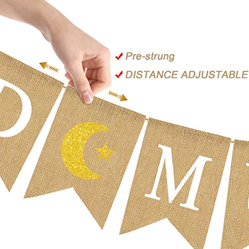 Jute Burlap Ramadan Mubarak Banner with Moon and Star Mantel Fireplace Decoration