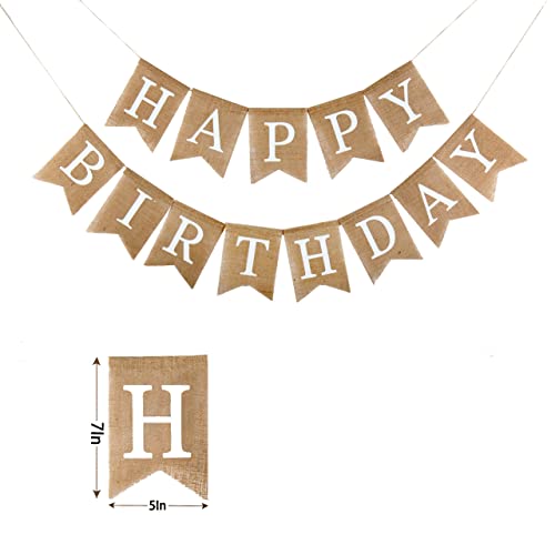 Burlap Happy Birthday Banner Reusable Hessian Sign Banner for Birthday Party Decorations, White letter