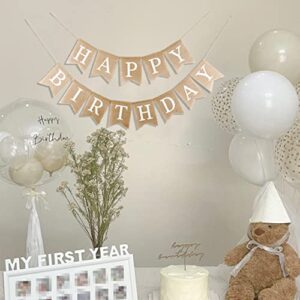 Burlap Happy Birthday Banner Reusable Hessian Sign Banner for Birthday Party Decorations, White letter