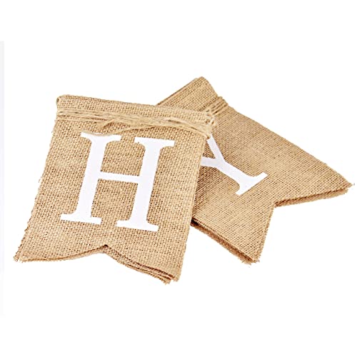 Burlap Happy Birthday Banner Reusable Hessian Sign Banner for Birthday Party Decorations, White letter