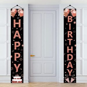 rose gold happy birthday door banner decorations for girls women, happy birthday porch sign party supplies, 16th 21st 30th 40th 50th 60th birthday decor for indoor outdoor