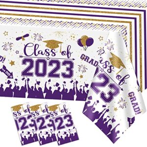 erweicet graduation tablecloth 3pcs, graduation party decorations supplies 2023 class of 2023 decorations grad, we did it plastic tablecloth disposable, purple gold graduation table cover -54″x108″