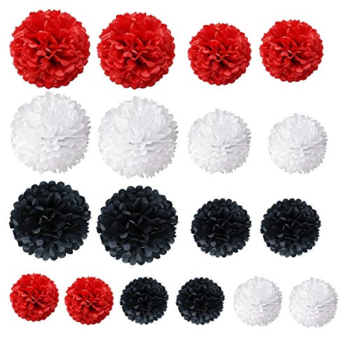 Tissue Paper Pom Poms, Recosis Paper Flower Ball for Birthday Party Wedding Baby Shower Bridal Shower Festival Decorations, 18 Pcs - Red Black White