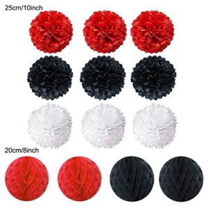 Tissue Paper Pom Poms, Recosis Paper Flower Ball for Birthday Party Wedding Baby Shower Bridal Shower Festival Decorations, 18 Pcs - Red Black White