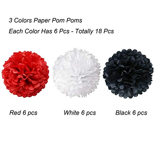 Tissue Paper Pom Poms, Recosis Paper Flower Ball for Birthday Party Wedding Baby Shower Bridal Shower Festival Decorations, 18 Pcs - Red Black White