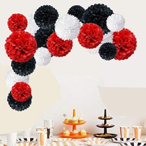 Tissue Paper Pom Poms, Recosis Paper Flower Ball for Birthday Party Wedding Baby Shower Bridal Shower Festival Decorations, 18 Pcs - Red Black White