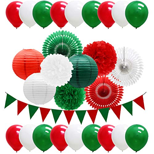 Meiduo Red Green White Christmas Fiesta Brands Mexican Italian Party Decorations Paper Fans Lanterns Flower Pom Poms Felt Pennant Balloons for Graduations St. Patrick's Day Birthday Baby Shower