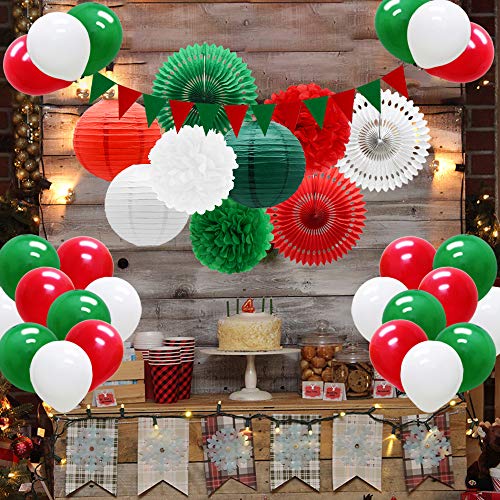 Meiduo Red Green White Christmas Fiesta Brands Mexican Italian Party Decorations Paper Fans Lanterns Flower Pom Poms Felt Pennant Balloons for Graduations St. Patrick's Day Birthday Baby Shower