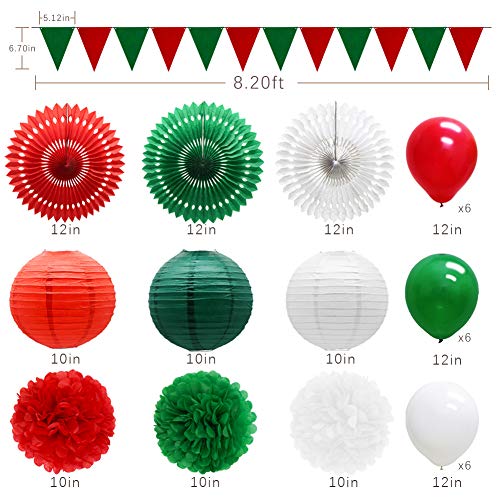 Meiduo Red Green White Christmas Fiesta Brands Mexican Italian Party Decorations Paper Fans Lanterns Flower Pom Poms Felt Pennant Balloons for Graduations St. Patrick's Day Birthday Baby Shower