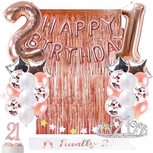 OUGOLD 21st Birthday Decorations Rose Gold Party Supplies for her Gift Finally 21 sash Garland Happy Birthday Balloon foil Curtain Backdrop Props Cake Topper &Confetti Ballon 21st Bday