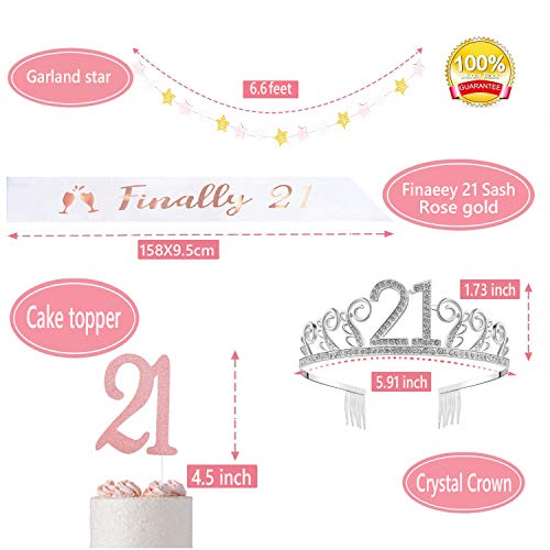 OUGOLD 21st Birthday Decorations Rose Gold Party Supplies for her Gift Finally 21 sash Garland Happy Birthday Balloon foil Curtain Backdrop Props Cake Topper &Confetti Ballon 21st Bday