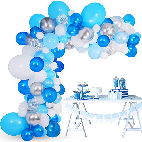 Blue Party Balloon Garland Kit, 135 Pack Blue Light Blue Silver Confetti Balloons Garland Kit Ideal for Boy Baby Shower Birthday Party Decorations