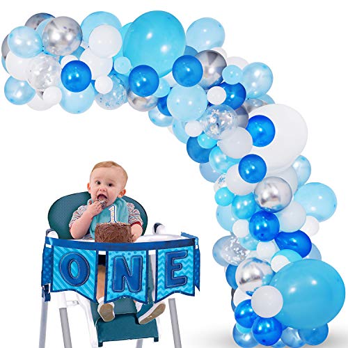 Blue Party Balloon Garland Kit, 135 Pack Blue Light Blue Silver Confetti Balloons Garland Kit Ideal for Boy Baby Shower Birthday Party Decorations