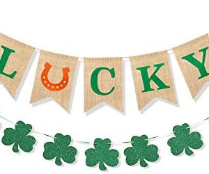 Uniwish Lucky Shamrock Banner Garland St. Patricks Day Decorations for Mantel Fireplace Wall Hanging Decor Irish Party Supplies