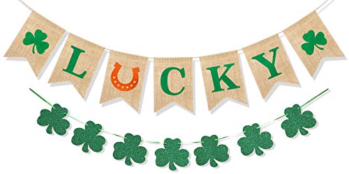 Uniwish Lucky Shamrock Banner Garland St. Patricks Day Decorations for Mantel Fireplace Wall Hanging Decor Irish Party Supplies