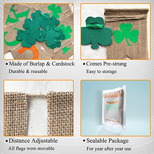 Uniwish Lucky Shamrock Banner Garland St. Patricks Day Decorations for Mantel Fireplace Wall Hanging Decor Irish Party Supplies