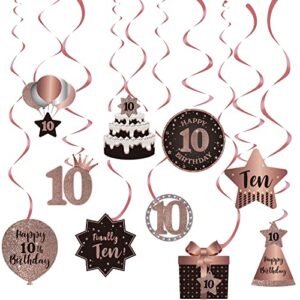 happy 10th birthday hanging swirls streams ceiling decorations, celebration 10 foil hanging swirls with cutouts for 10 years old rose gold birthday party decorations supplies