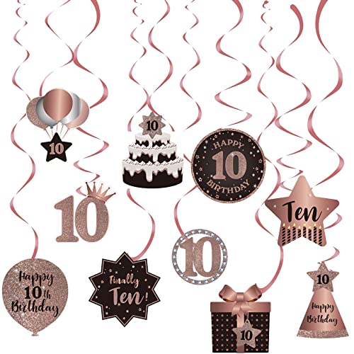 Happy 10th Birthday Hanging Swirls Streams Ceiling Decorations, Celebration 10 Foil Hanging Swirls with Cutouts for 10 Years Old Rose Gold Birthday Party Decorations Supplies