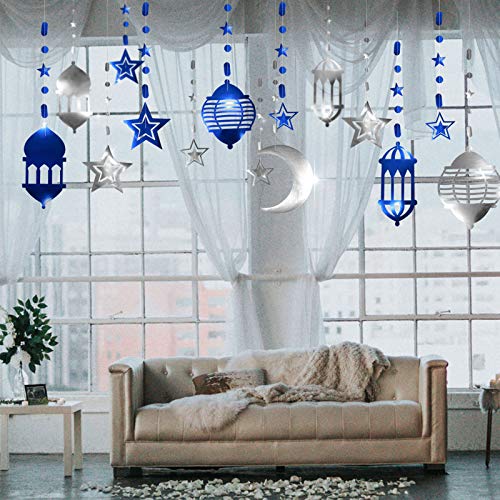 Islamic Silver Blue Star Crescent Moon Lantern Ramadan Garland EID Decoration Home Happy Ramadan Mubarak Party Decor Hanging Streamer Wedding Backdrop Banner Aladdin Birthday Party Supplies