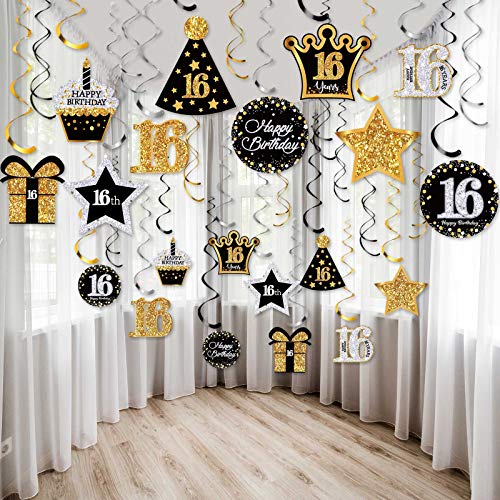 30 Pieces 16th Birthday Party Decorations, 16th Birthday Party Decorative Cards and Hanging Swirls Ceiling Decorations Shiny Celebration Hanging Swirls Decorations for 16th Birthday Party Supplies