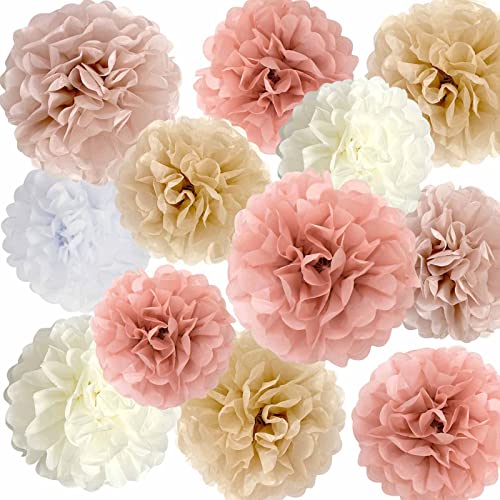 ANSOMO Boho Rainbow Tissue Paper Pom Poms Party Decorations Flowers Wall Hanging Décor Supplies 1st Birthday Bridal Baby Shower Cream Dusty Pink Centerpieces 12 Pcs