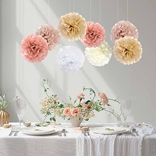 ANSOMO Boho Rainbow Tissue Paper Pom Poms Party Decorations Flowers Wall Hanging Décor Supplies 1st Birthday Bridal Baby Shower Cream Dusty Pink Centerpieces 12 Pcs