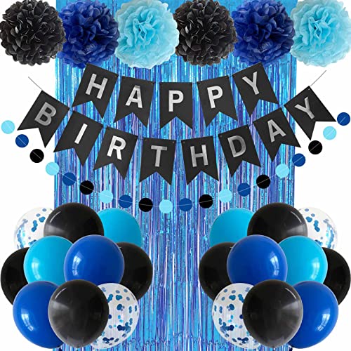 ANSOMO Blue and Black Happy Birthday Party Decorations for Boy Men Banner Balloons Navvy Light Blue Pom Poms Foil Curtain Décor Supplies 13th 16th 18th 20th 30th 40th 50th 60th 70th 80th