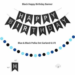 ANSOMO Blue and Black Happy Birthday Party Decorations for Boy Men Banner Balloons Navvy Light Blue Pom Poms Foil Curtain Décor Supplies 13th 16th 18th 20th 30th 40th 50th 60th 70th 80th