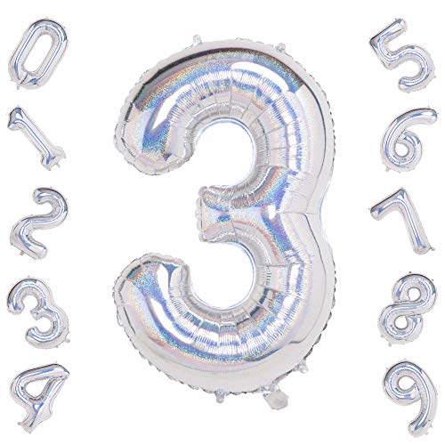 Laser Silver 3 Balloons,40 Inch Birthday Foil Balloon Party Decorations Supplies Helium Mylar Digital Balloons (Laser Silver Number 3)