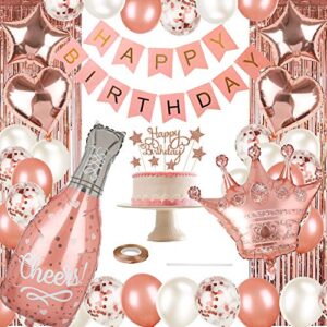 rose gold party decorations set,happy birthday confetti balloons with diy cake topper, banner, fringe curtain,champagne foil balloons,star heart foil balloons,crown balloons for birthday supplies