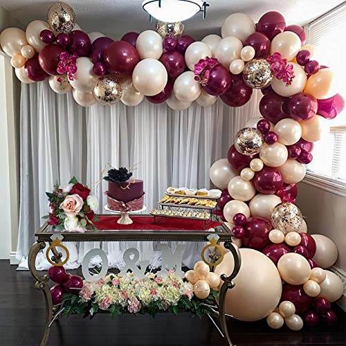 Wine Burgundy Balloon Garland Kit, 12" 5" Burgundy Balloons Gold Confetti Balloon 16 Feet Balloon Strip Tape Set for Burgundy Theme Party Wedding Decorations